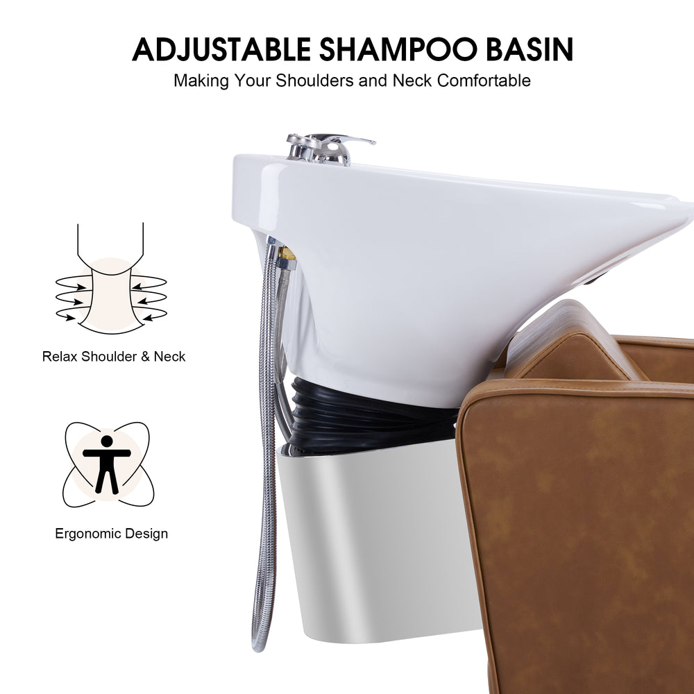 BarberPub Backwash Shampoo Station Chair, Salon Ceramic Hair Wash Bowl